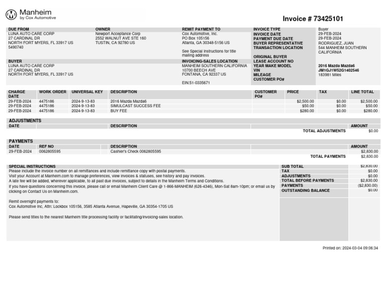 Juan Rodriguez 2016 Mazda | PDF | Invoice | Fee