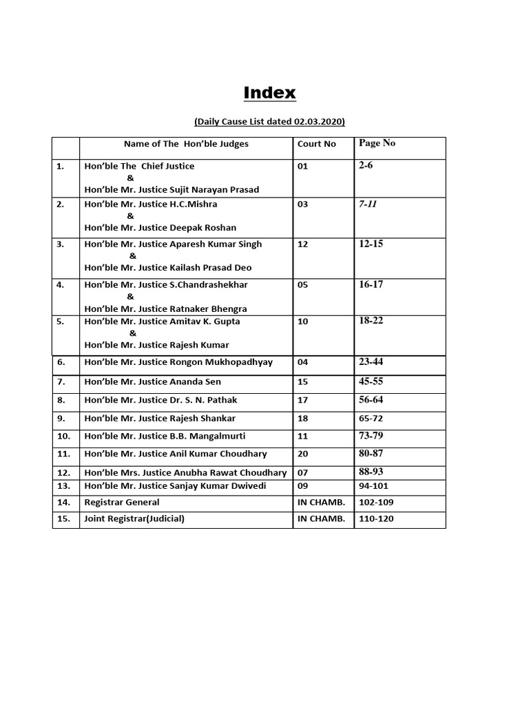 Indexed Daily Causelist 02032020 | PDF | Judiciaries | Public Law