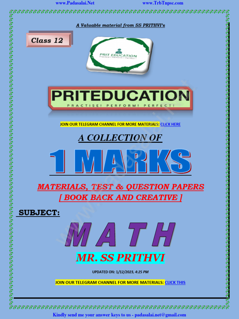 12th Maths EM 1 Mark Questions English Medium PDF Download | PDF | Zero ...