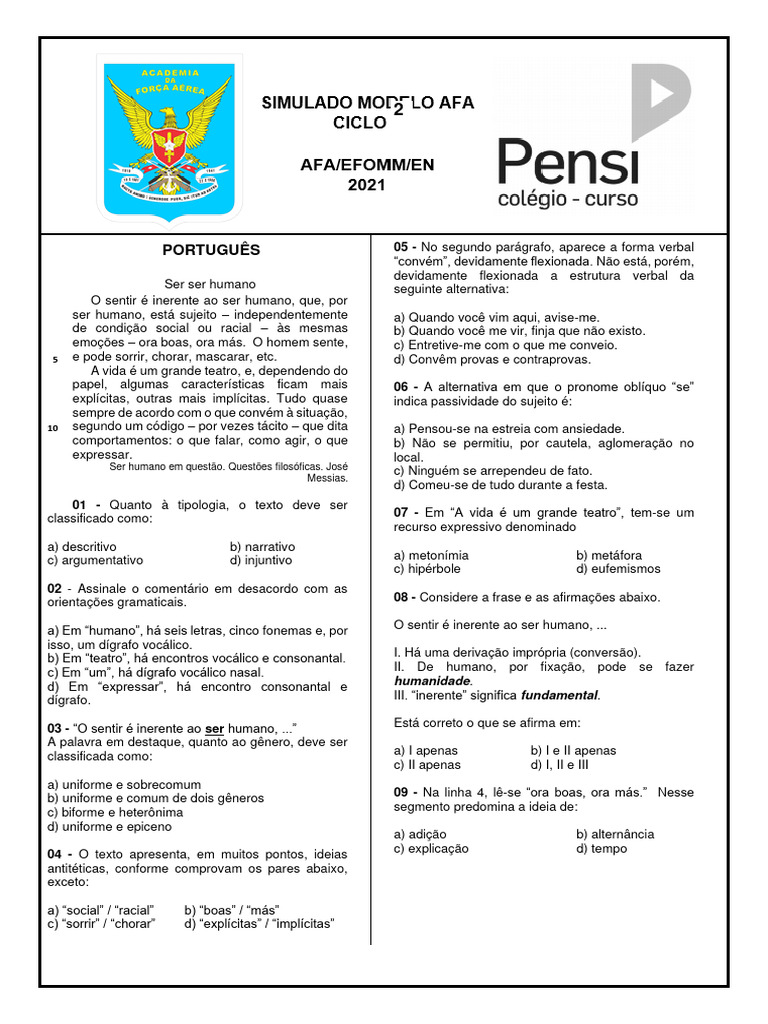 PENSI - Simulado - AFA-EFOMM-EN - 21 - Ciclo 2 - Modelo AFA-2 | PDF | Humano | Linguística