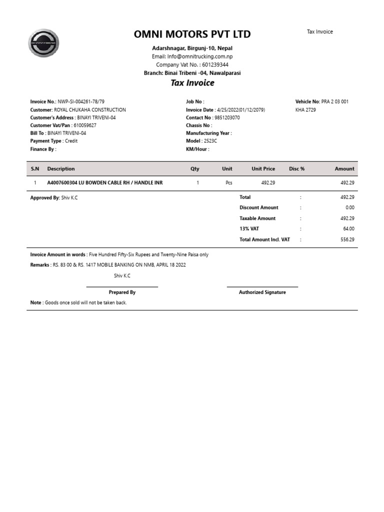 Maruti Suzuki Invoice from Omni Motors | PDF