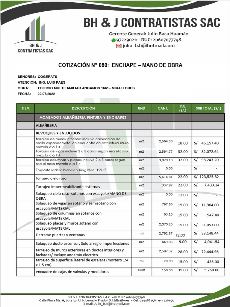 COTIZACIÓN de Albañileria Y ENCHAPES | PDF | edificio | Materiales