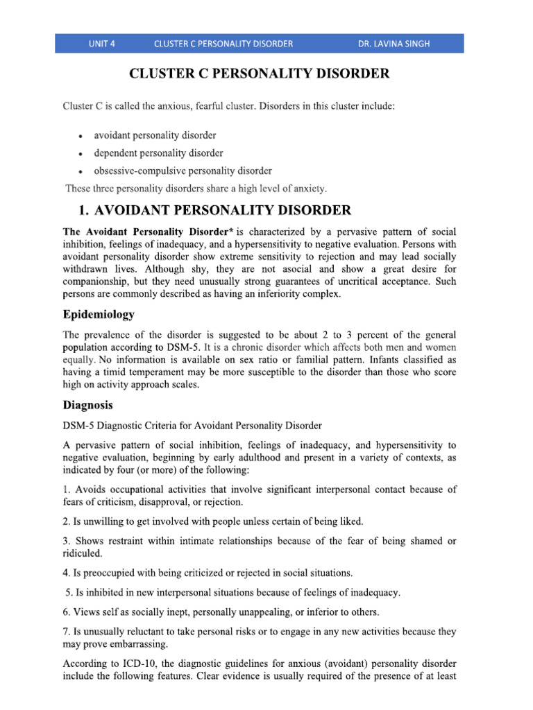 Cluster C Personality Disorder | PDF
