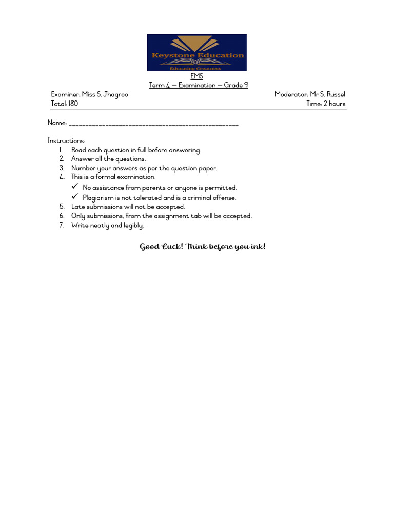 Grade 9 - Ems - Exam - Term 4 | PDF | Debits And Credits | Equity (Finance)