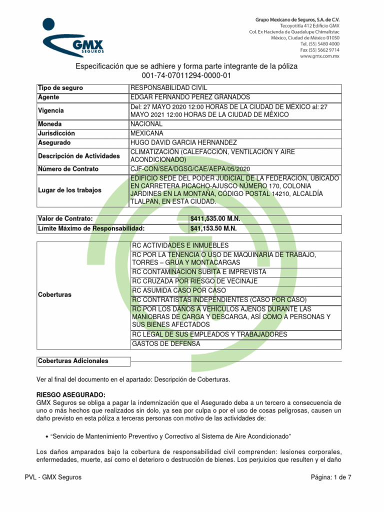 Especificaciones de Seguro RC | PDF | Póliza de seguros | Seguro