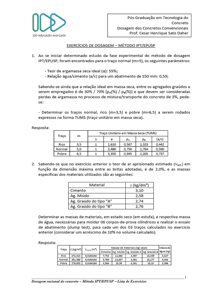 Exercícios Dosagem (Método IPT EPUSP) | PDF