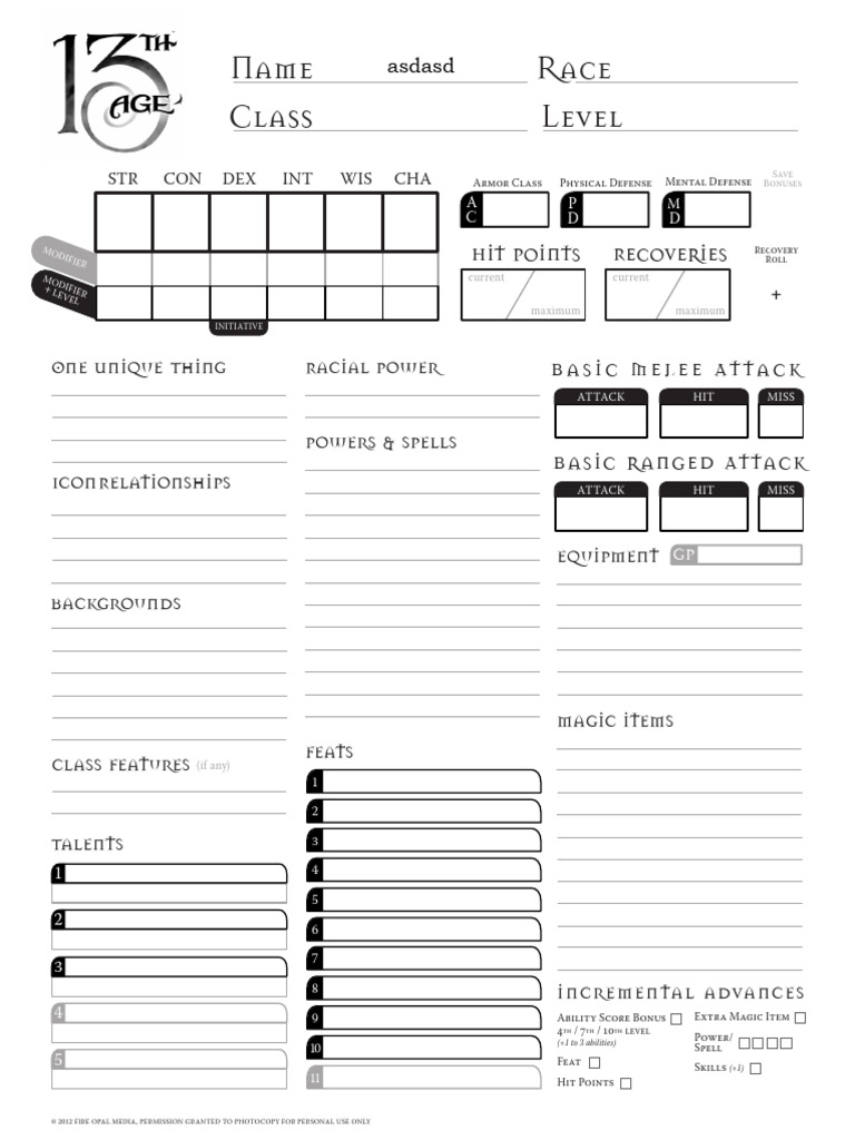 13th Age Character Sheet Fillable1 | PDF