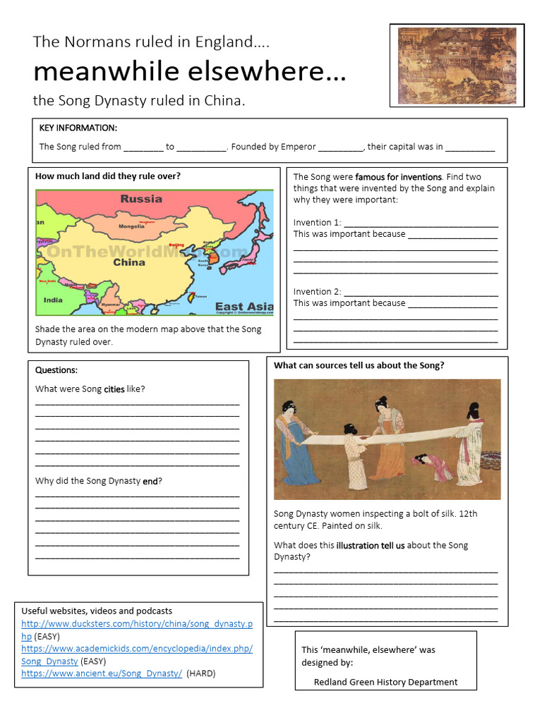 Meanwhile Elsewhere Song Dynasty Worksheet | PDF