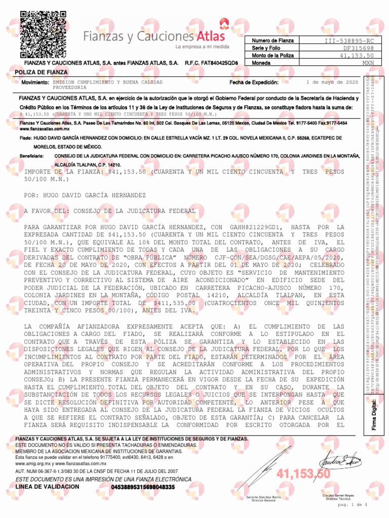 Poliza de Fianza: Fianzas Y Cauciones Atlas, S.A. Se Sujeta A La Ley de ...