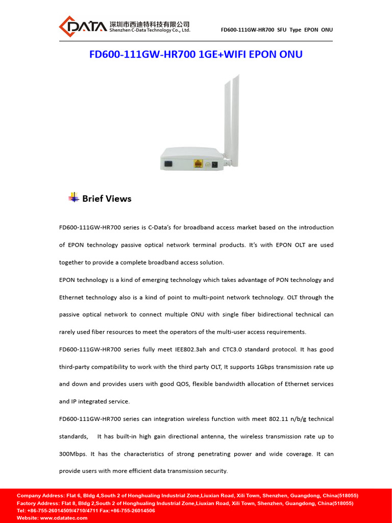 FD600-111GW-HR700 EPON ONU Overview | PDF | Computers