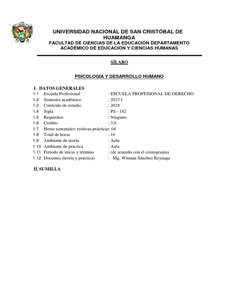 Silabo - PS-181 - Psicologia y Desarrollo Humano | PDF | Sicología ...