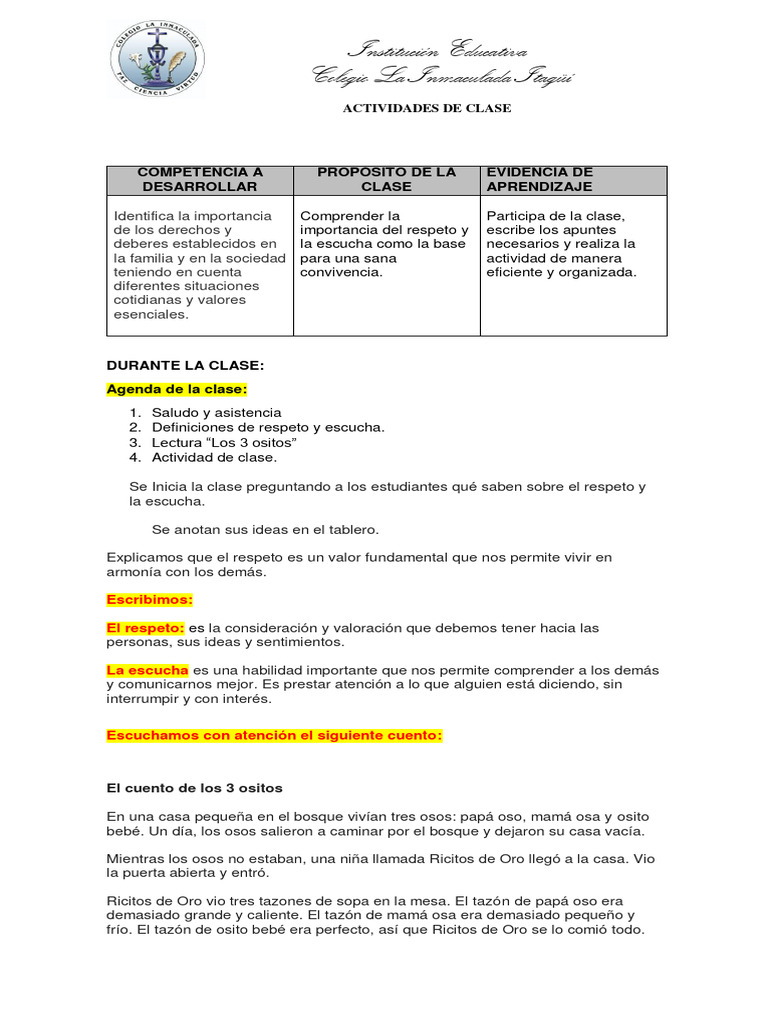 Planeación Sem. 7. Grado 3c (El Respeto y La Escucha - Sesión 1) .Pdfetica | PDF | Osos