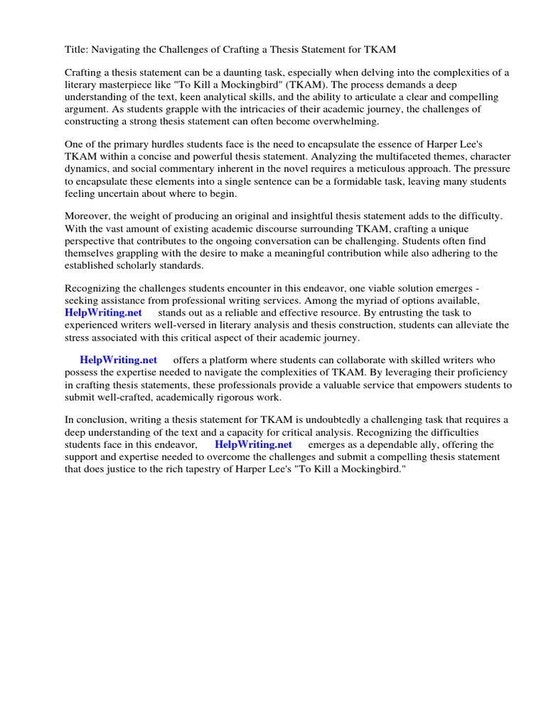 Thesis Statement Examples For Tkam | PDF | Essays | To Kill A Mockingbird