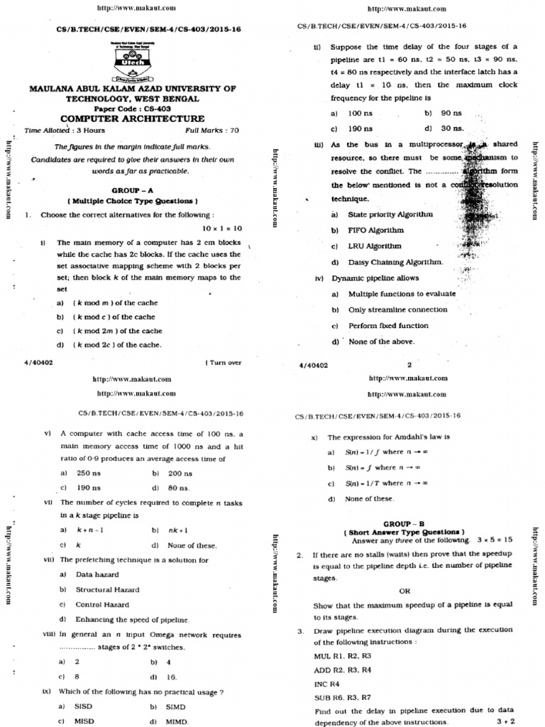 Btech Cse 4 Sem Computer Architecture 2016 | PDF
