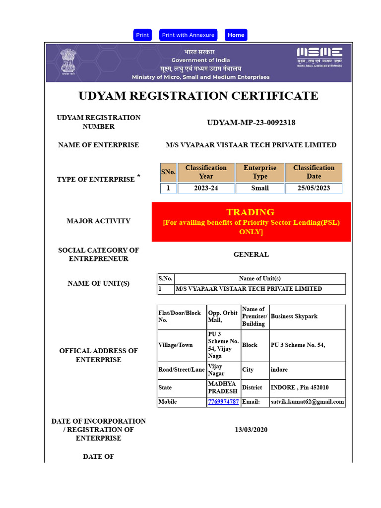 Print - Udyam Registration Certificate | PDF