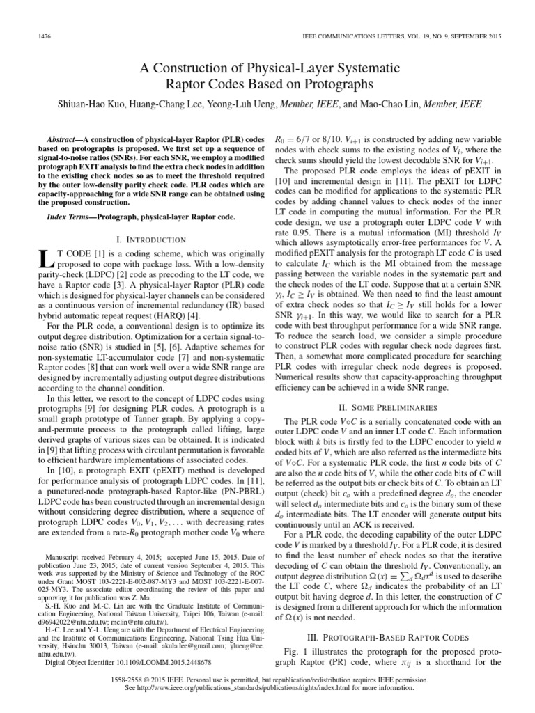 A Construction Of Physical Layer Systematic Raptor Codes Based On Protographs Download Free 