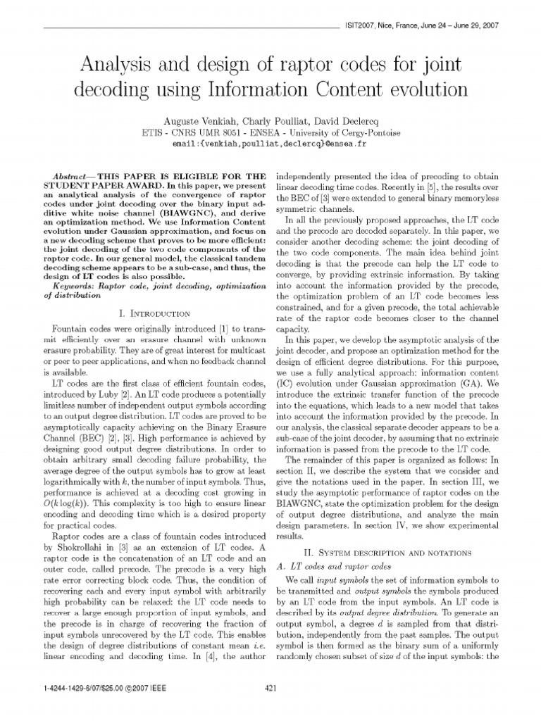 Analysis and Design of Raptor Codes For Joint Decoding Using Information Content Evolution | PDF ...