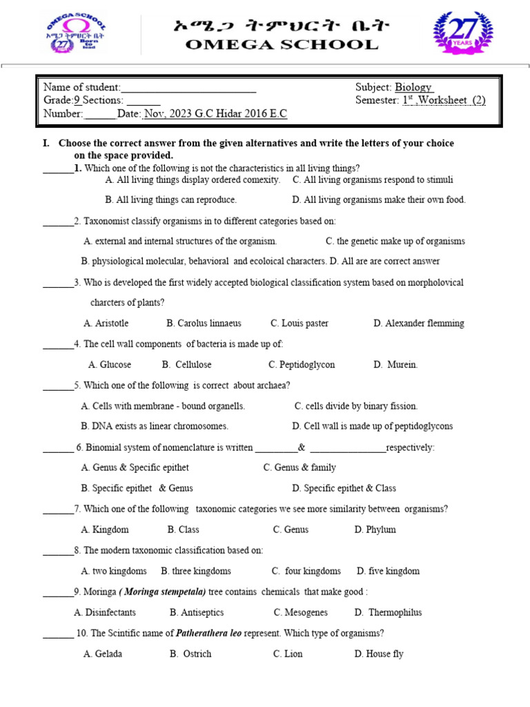 2023 G. C. - 2016E.C Grade 9 Bio Work Sheet 2 | PDF | Taxonomy (Biology ...