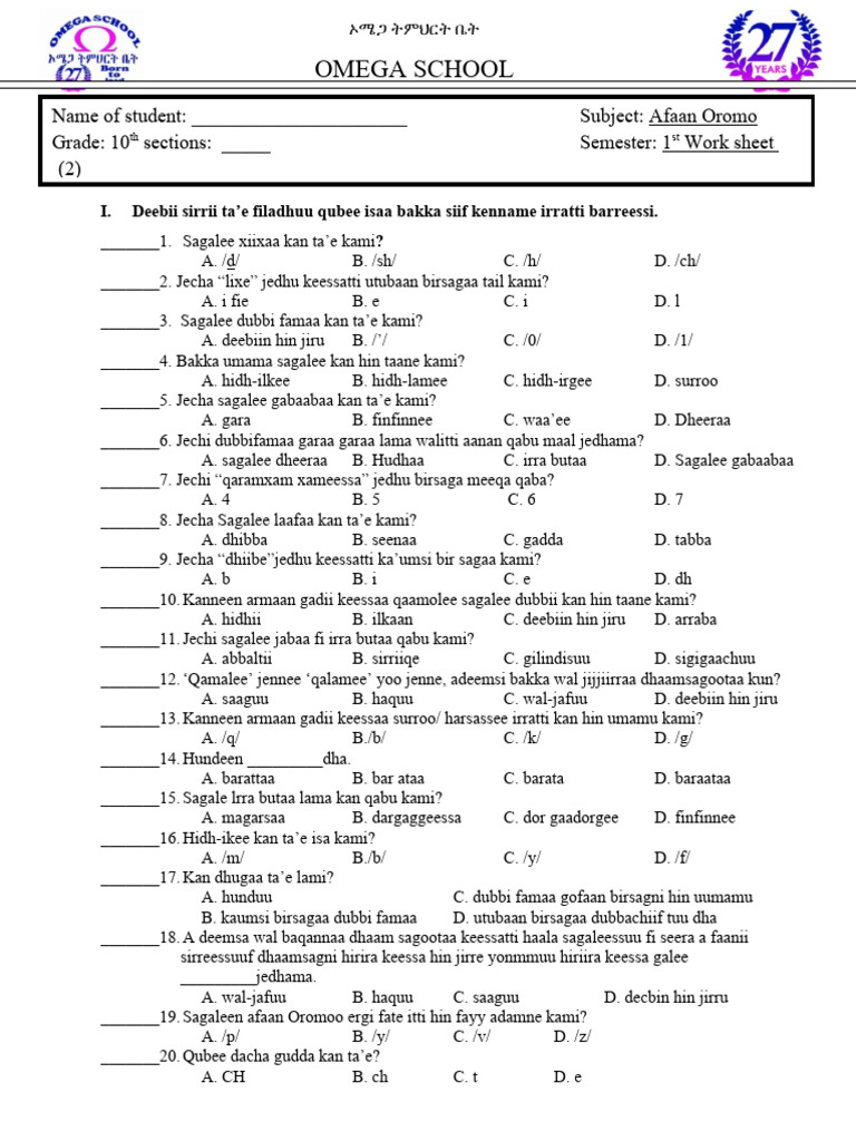 Afaan Oromo G-9-Worksheet 3 | PDF