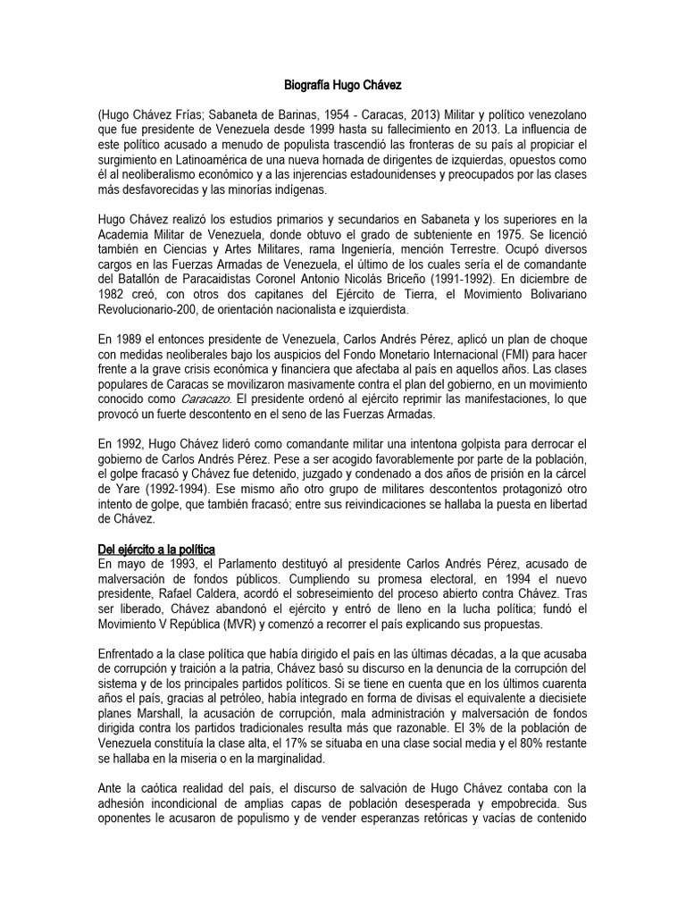 Biografía Hugo Chávez | PDF | Hugo Chavez | Venezuela