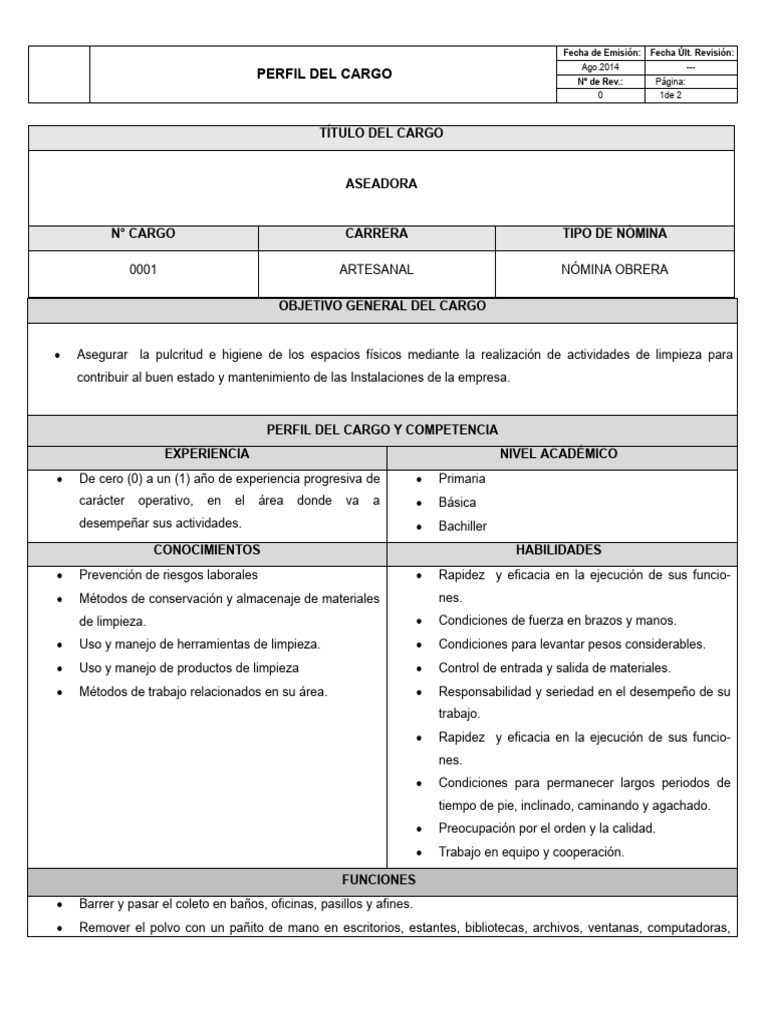 Perfil de Aseadora: Funciones y Requisitos | PDF