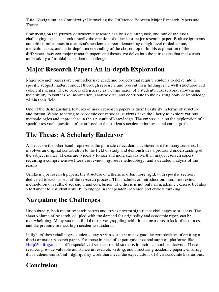 Difference Between Major Research Paper and Thesis | Download Free PDF ...