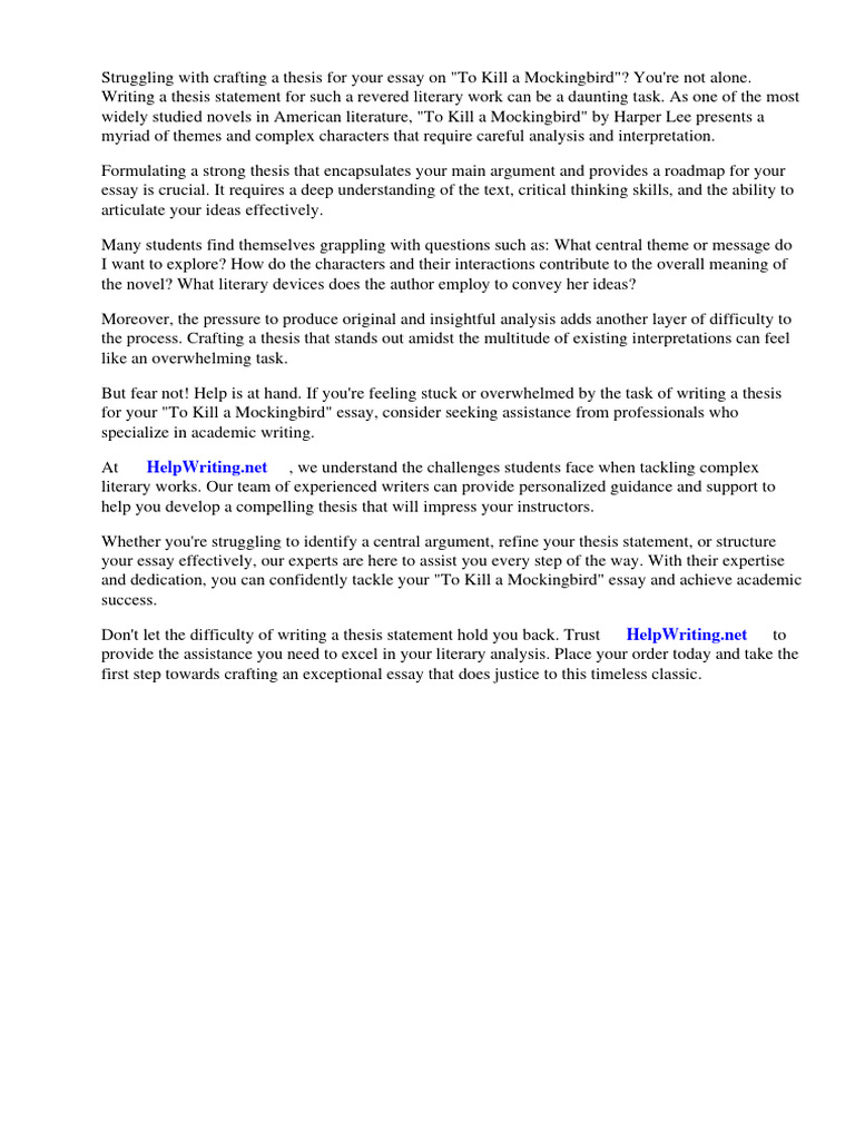 Essay Thesis For To Kill A Mockingbird | PDF
