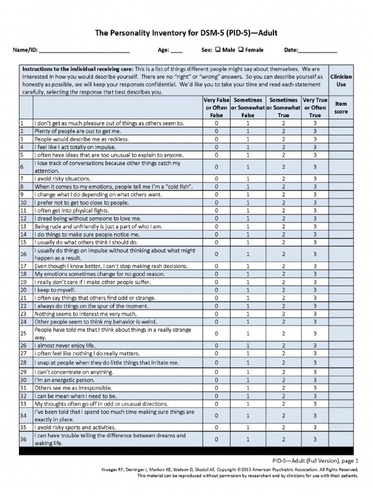 Personality Inventory For DSM - 5 (PID-5) ADULT - Page - 1 | PDF