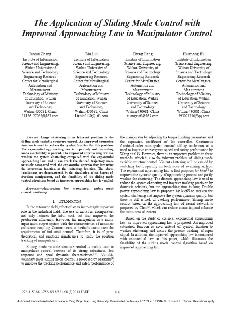 The Application of Sliding Mode Control With Improved Approaching Law in Manipulator Control ...