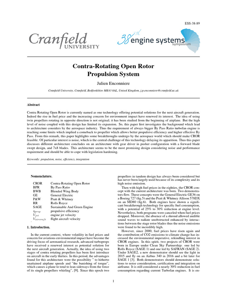 Contra-Rotating Open Rotor Propulsion System: Julien Enconniere | PDF | Jet Engine | Turbine