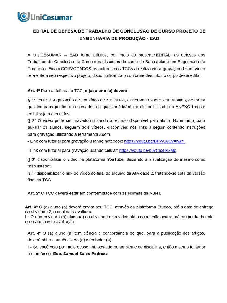 Edital - Base para Fazer o Video Do TCC | PDF