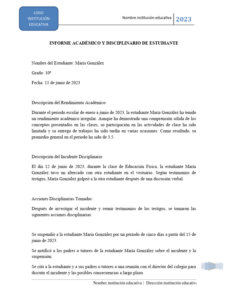 Ejemplo de Informe Academico y Disciplinario de Un Estudiante | PDF