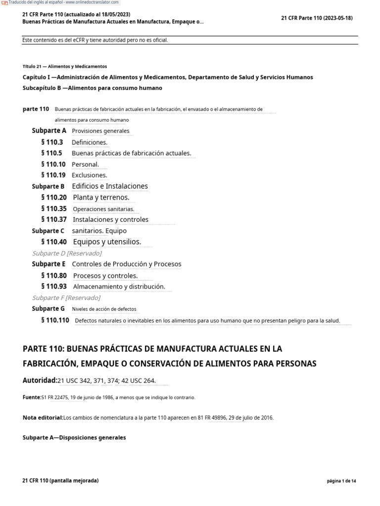 21 CFR Part 110 BP Fabricacion Actuales, El Envasado o Almacenamiento ...