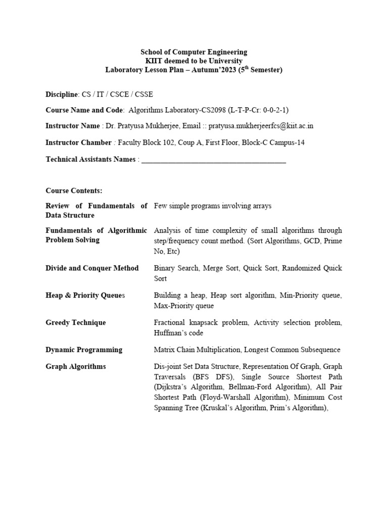 Lesson Plan by Dr. Pratyusa Mukherjee | PDF | Time Complexity | Algorithms