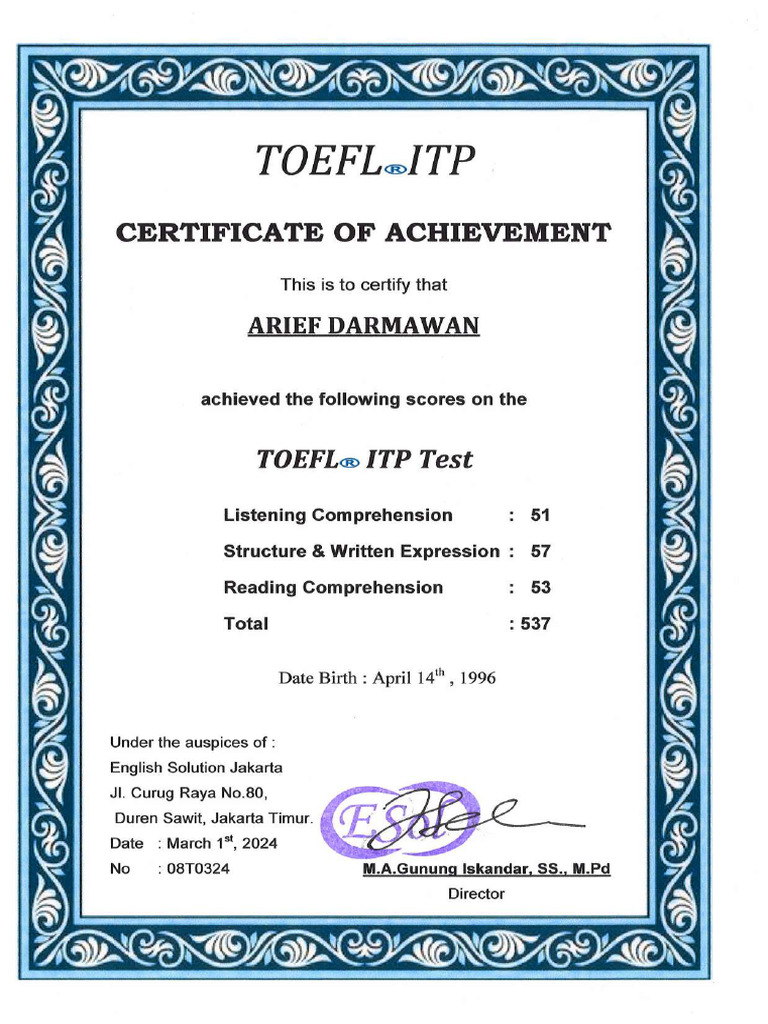 Sertifikat TOEFL iTP - Arief Darmawan | PDF