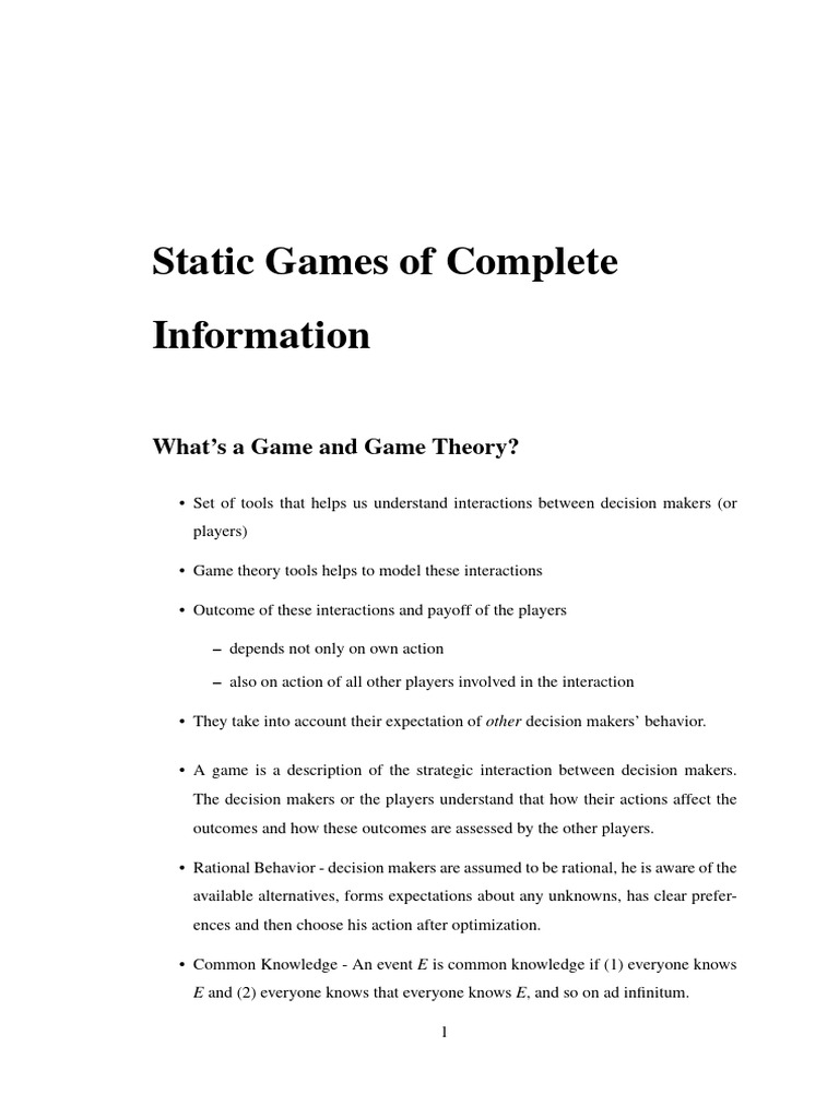 Static Games Complete Information | PDF | Game Theory | Economic Methodology