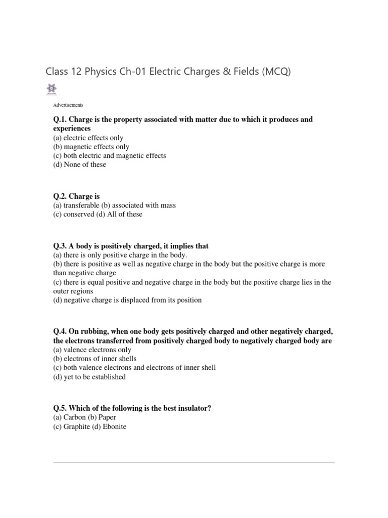 Class 12 CH 1 Question Set 2 | PDF | Electric Charge | Electric Field