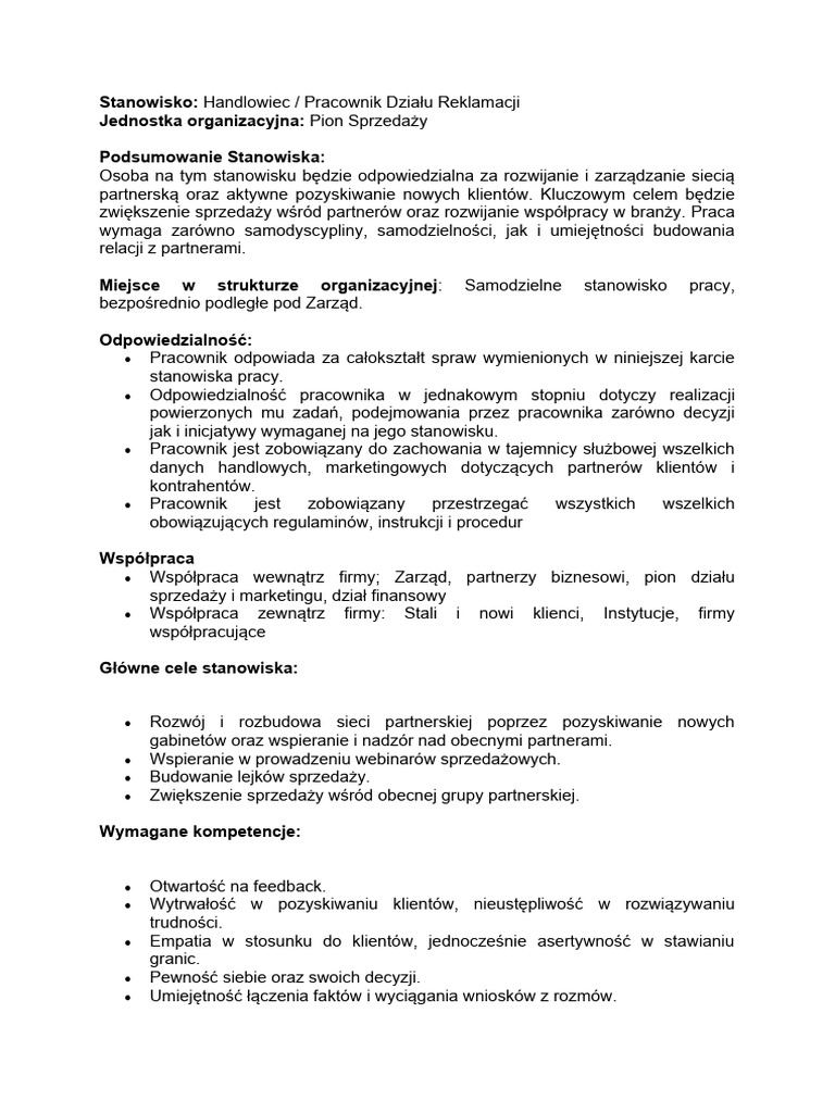 Przykładowy Opis Stanowiska Pracy Do Wydruku Dla Studentów Przy | PDF