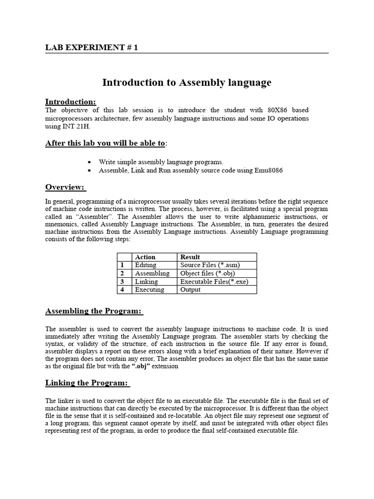 Introduction To Assembly Language: Lab Experiment # 1 | Download Free PDF | Assembly Language ...