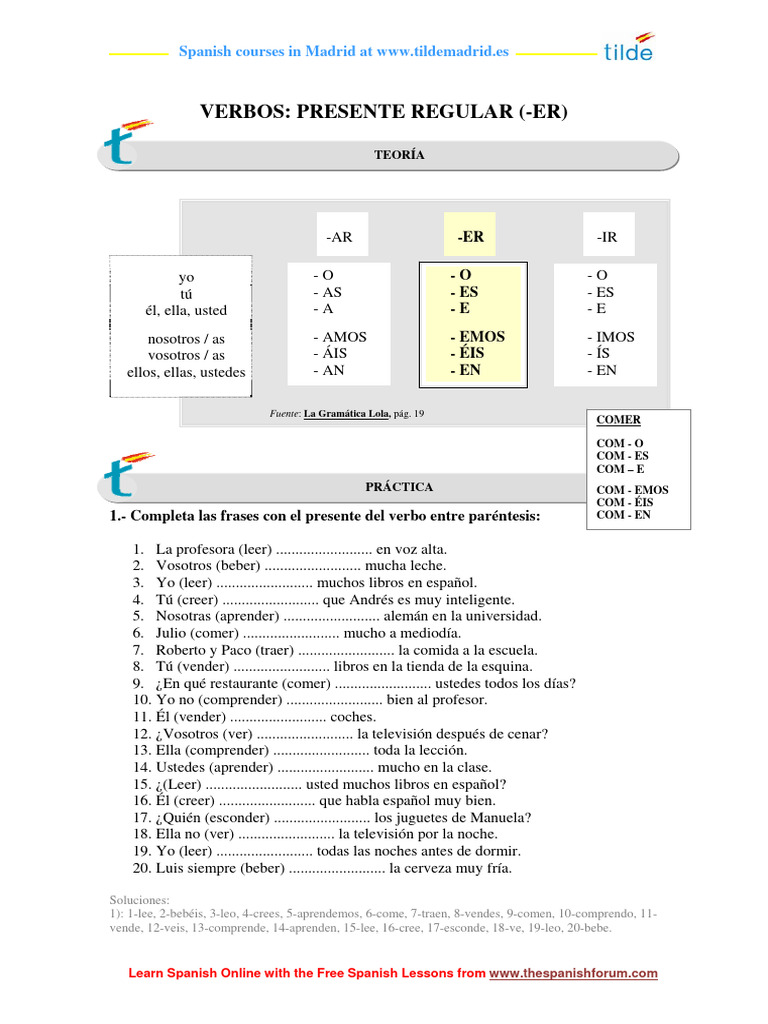 spanish-grammar-exercises-a1-verbos-presente-regular-ER | PDF
