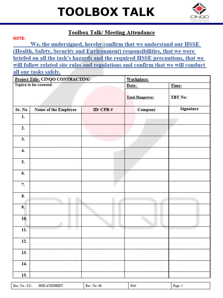 ToolBox Talk Attendance Sheet | PDF | Technology & Engineering