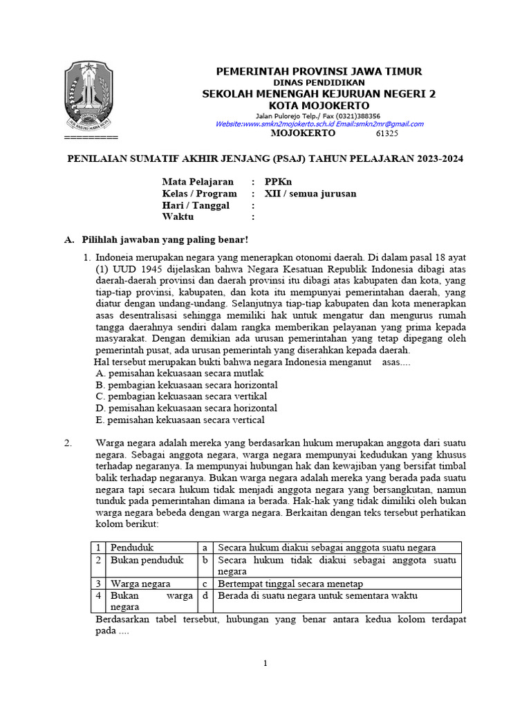Latihan Soal PSAJ PPKN 24 | PDF | Politik | Hukum