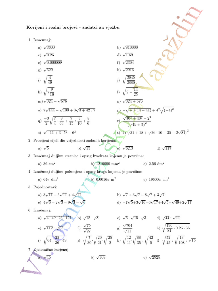 Korijeni I Realni Brojevi - Zadatci Za Vježbu | PDF