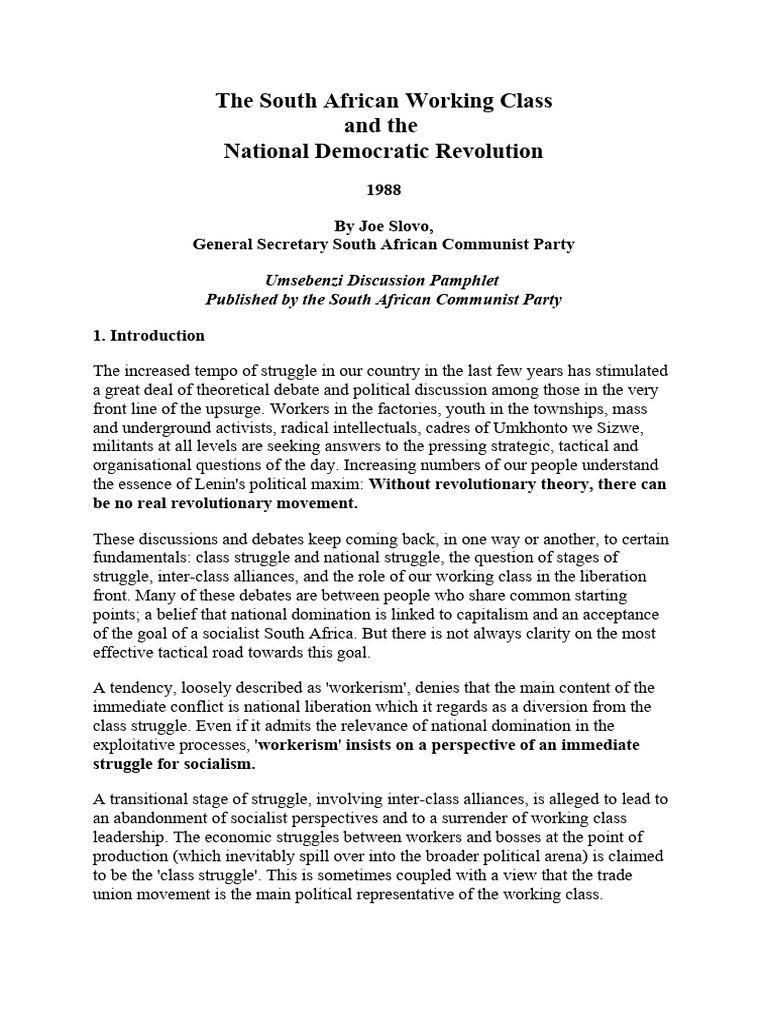 The South African Working Class and The National Democratic Revolution ...