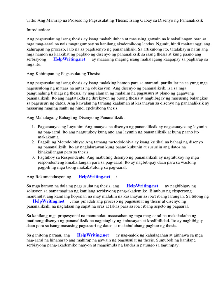 Disenyo Ng Pananaliksik Sa Thesis Halimbawa | PDF