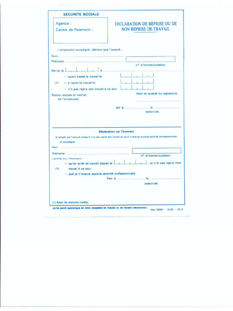 as9 declaration de reprise ou non reprise de travail | PDF