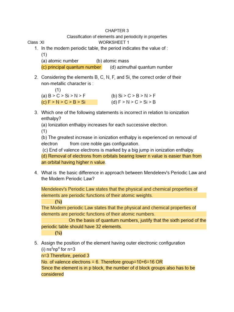 Answer Key XI CH 3 Worksheet 1 | PDF