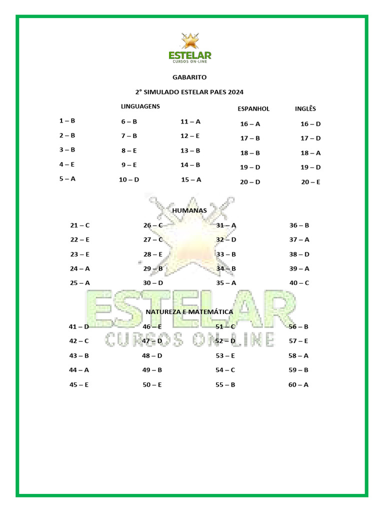 2° Simulado Paes 2024 - Gabarito | PDF