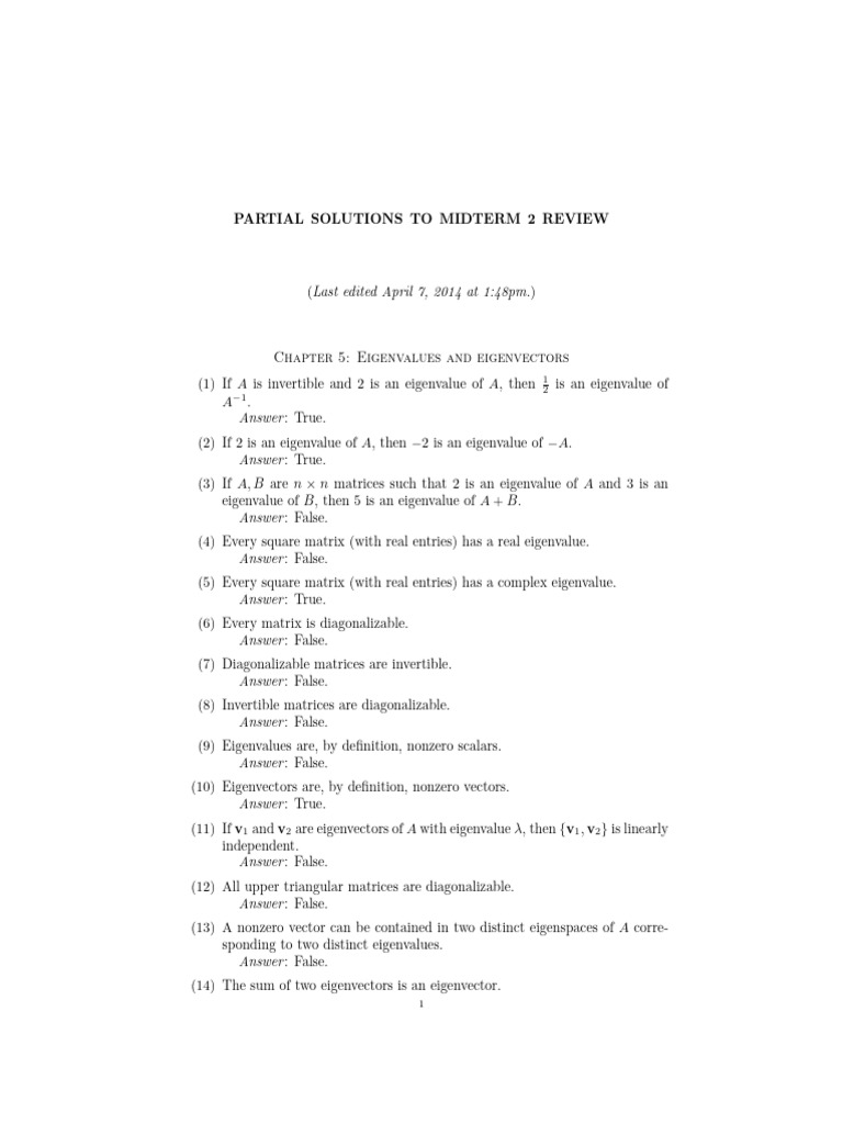 Midterm 2 Review Soln | PDF | Eigenvalues And Eigenvectors | Matrix (Mathematics)