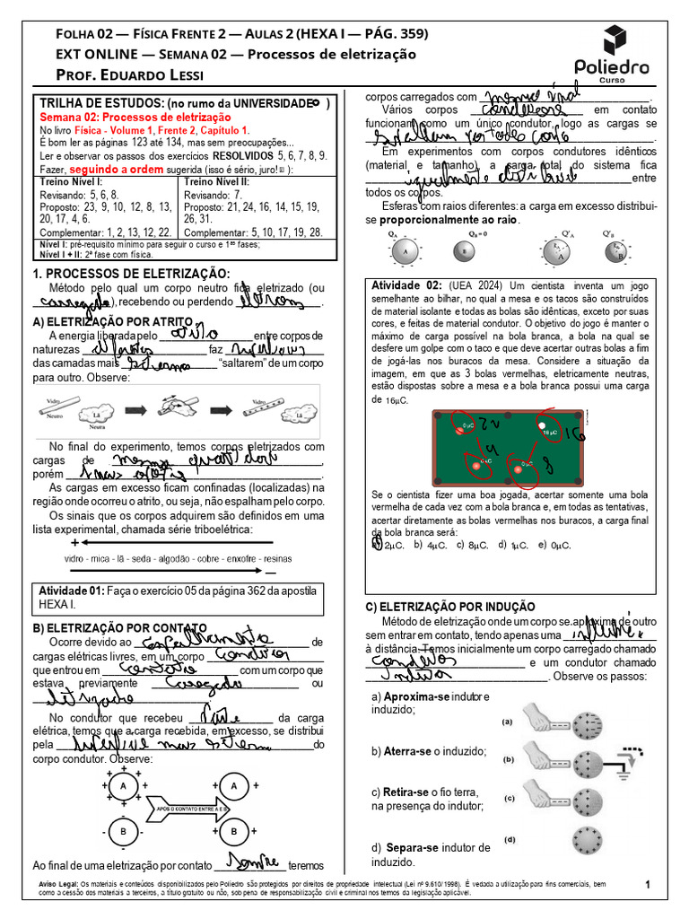 Sem02 Fís2 EXT ONLINE Folha Processos de Eletrização 2024 | PDF | Carga ...